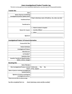 Fillable Online Avera Investigational Product Transfer Log Fax Email ...