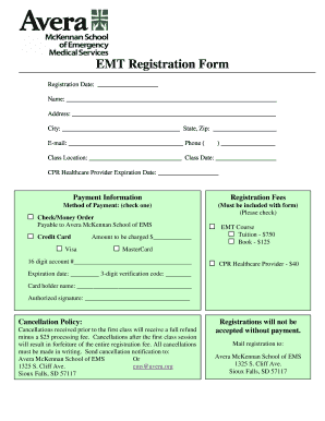 Fillable Online EMT Registration Form - Avera Health Plans Fax Email Print - pdfFiller