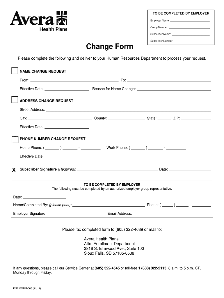 Fillable Online Change Form - Avera Health Plans Fax Email Print - pdfFiller