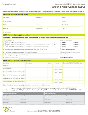 Fillable Online Application for ZONE Health Coverage Green Shield ...