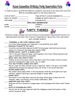 Fillable Online Dance Connection Birthday Party Reservation Form Fax ...