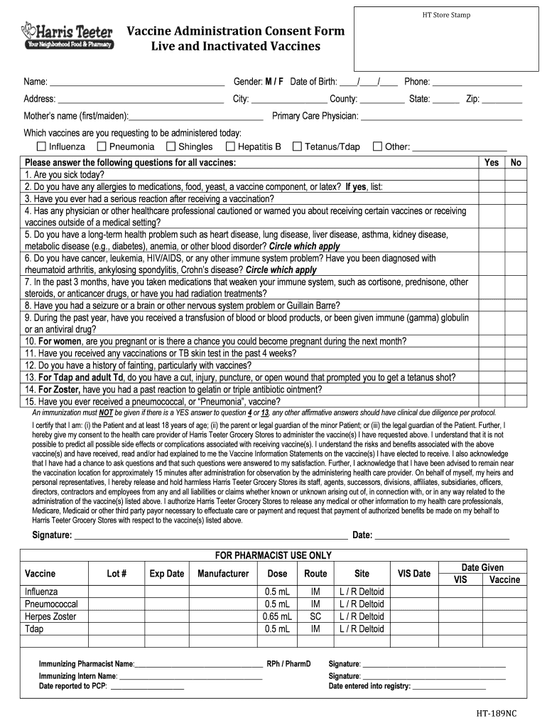 Fillable Online HT Store Stamp Vaccine Administration Consent Form Live ...
