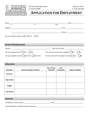 Fillable Online APPLICATION FOR EMPLOYMENT - Loos Machine & Automation Fax Email Print - pdfFiller