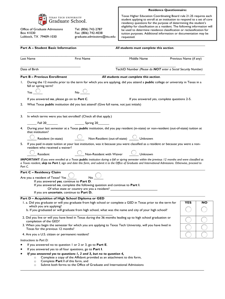 Fillable Online depts ttu Residence Questionnaire - Texas Tech ...