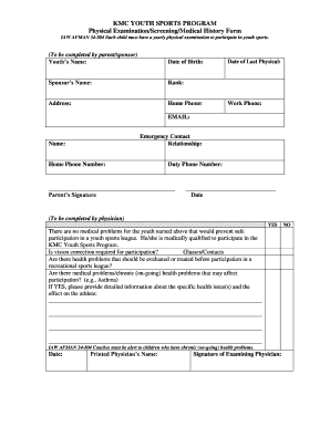 Fillable Online KMC YOUTH SPORTS PROGRAM Physical Examination/Screening ...