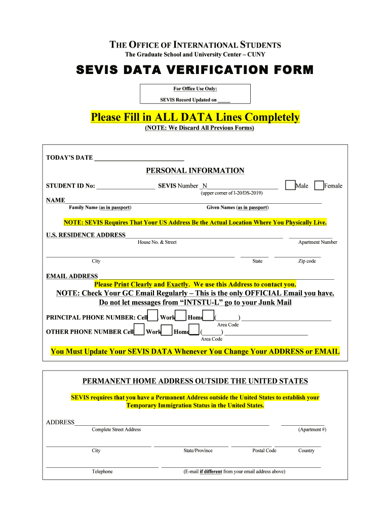 Fillable Online gc cuny SEVIS Data Form - The Graduate Center, CUNY Fax ...