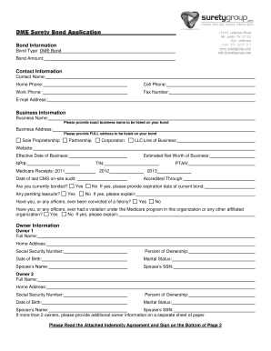 Fillable Online DME Surety Bond Application - Surety Group Fax Email ...