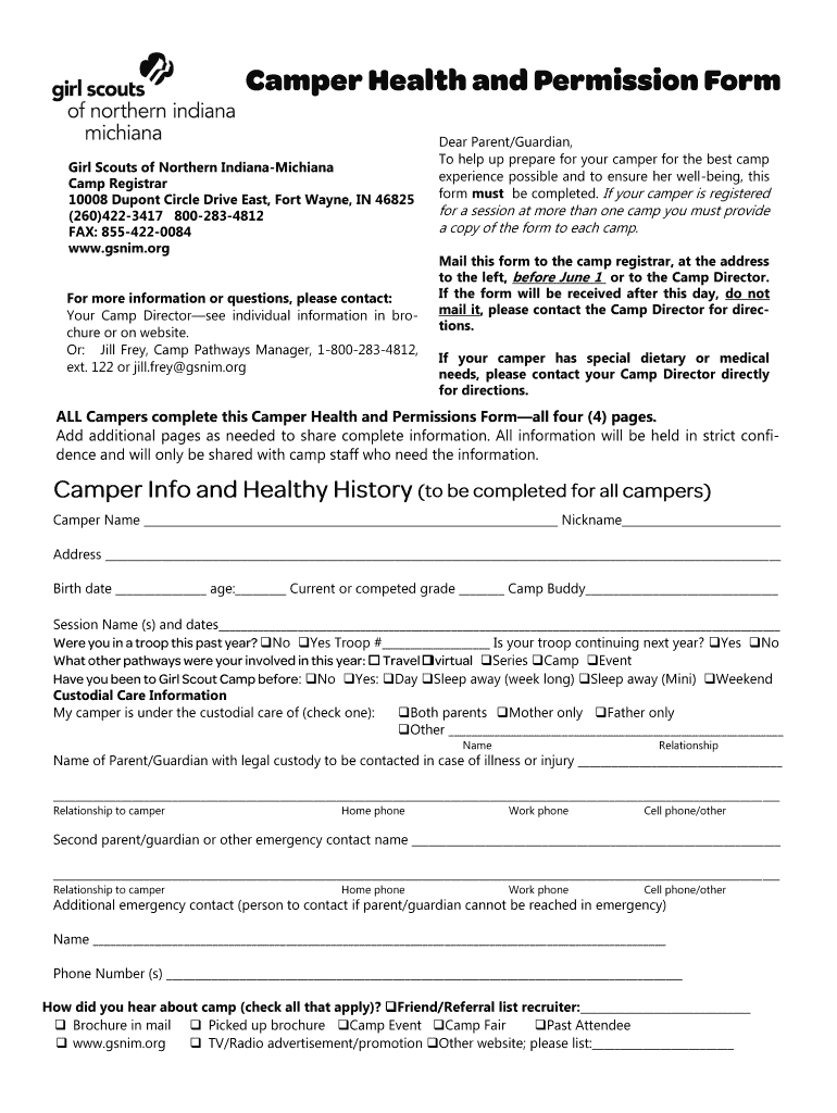 Fillable Online Camper Health and Permission Form - Girl Scouts of ...