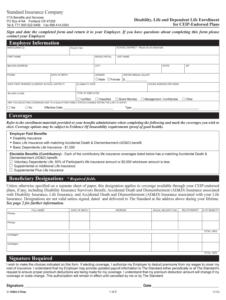 Fillable Online Disability, Life & Dependent Life Enrollment for CEIP ...