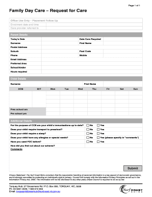 Fillable Online Family Day Care Request for Care - Surf Coast Shire Fax ...