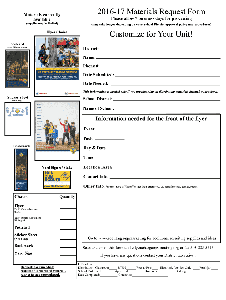 Fillable Online cpcbsa 2016-17 Materials Request Form Flyer Choice ...