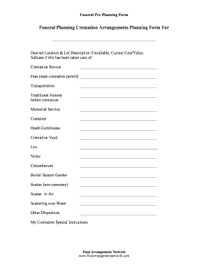 Fillable Online Funeral Planning Cremation Arrangements Planning Form ...