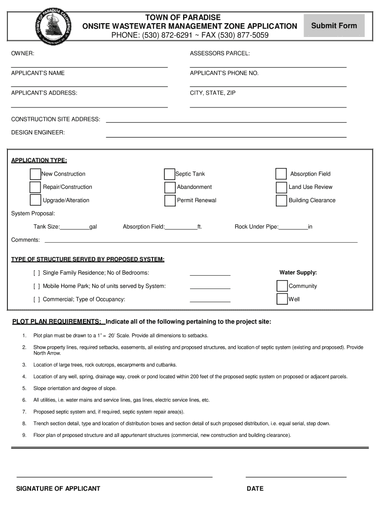 Fillable Online ONSITE APPL fillable PDF - Town of Paradise Fax Email Print - pdfFiller