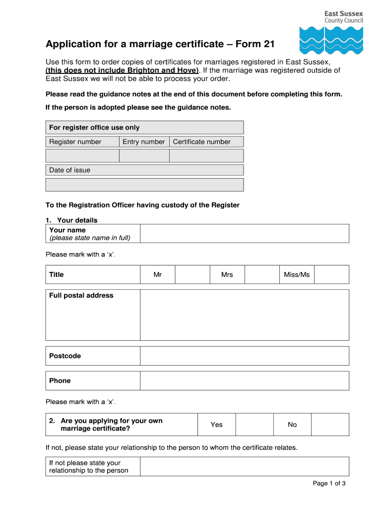 Fillable Online Application for a marriage certificate Form 21 - Microsoft Fax Email Print ...
