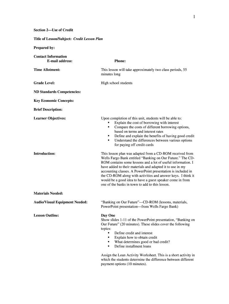Fillable Online ag ndsu Section 2 Use of Credit Title of Lesson/Subject ...