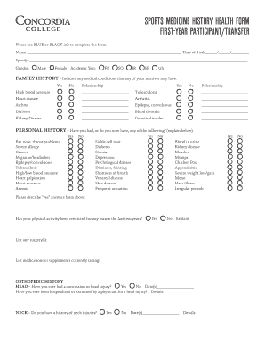 Fillable Online concordiacollege SPORTS MEDICINE HISTORY HEALTH FORM ...
