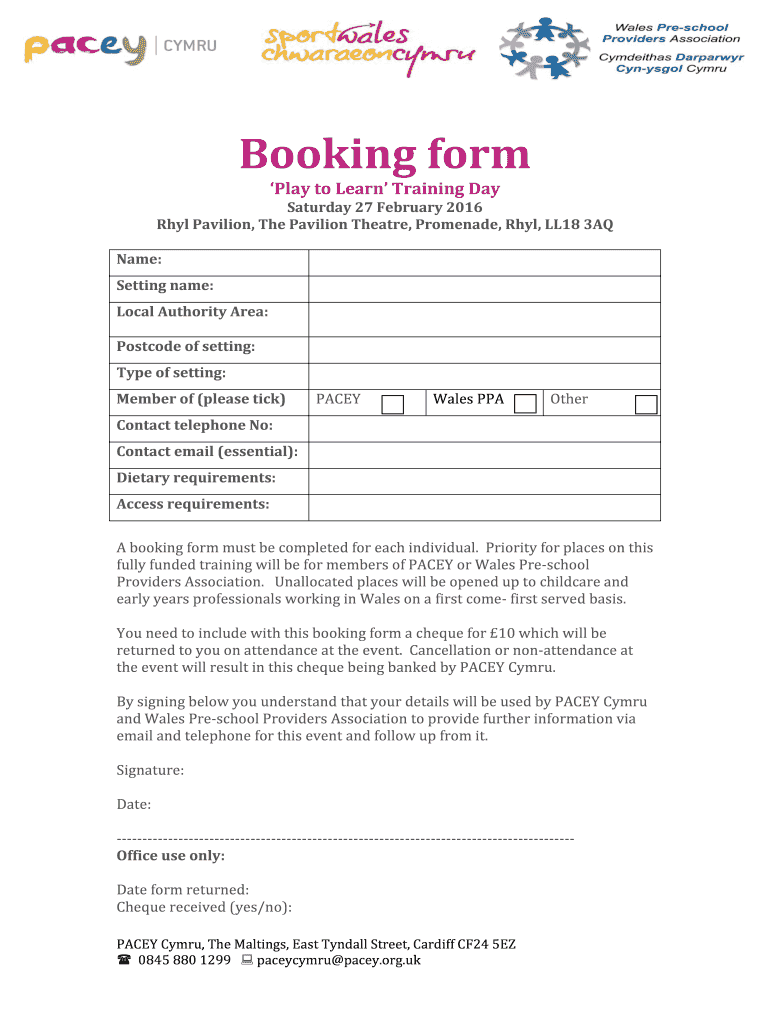 Fillable Online Booking form - PACEY Fax Email Print - pdfFiller