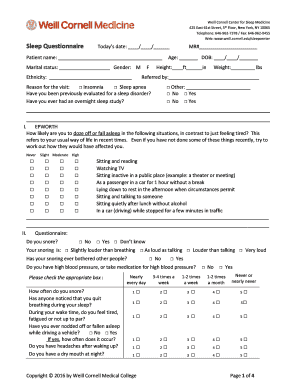 Fillable Online cornellneurology Sleep Questionnaire Today s dat ...
