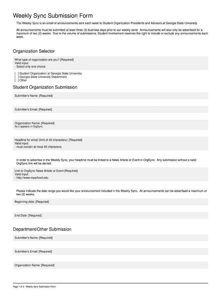 Fillable Online Weekly Sync Submission Form. Student Organizations Form ...