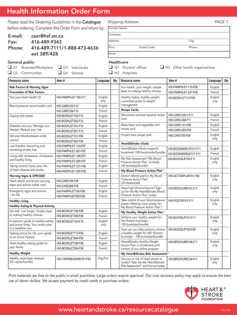 Fillable Online Health Information Order Form - heartandstroke.ca Fax ...