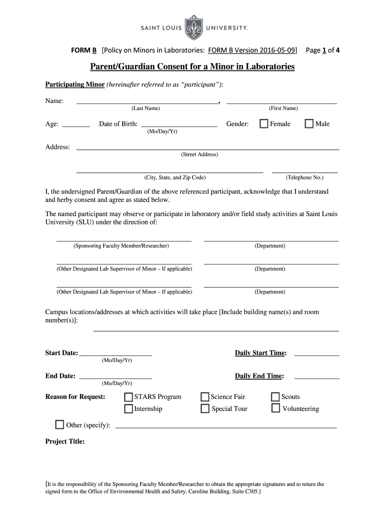 Fillable Online slu Parent/Guardian Consent for a Minor in Laboratories ...
