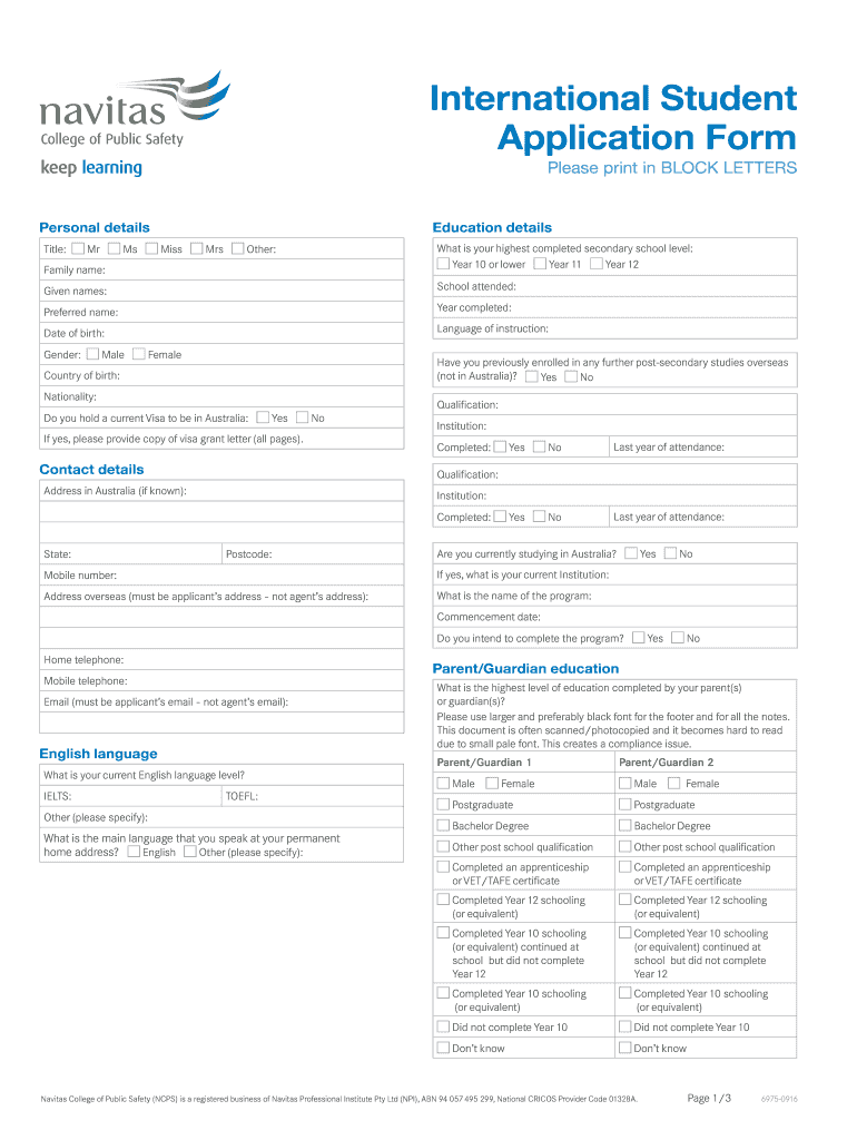 Fillable Online ncps edu International Student Application Form - Navitas College of Public ...
