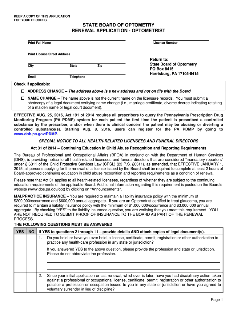 Fillable Online Optometrist (PDF) - PA .gov Fax Email Print - pdfFiller