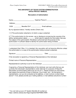Fillable Online utsystem HIPAA Revocation of Authorization Form ...