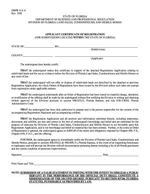 Fillable Online DBPR 314-A Rev. 3/98 STATE OF FLORIDA DEPARTMENT OF ...