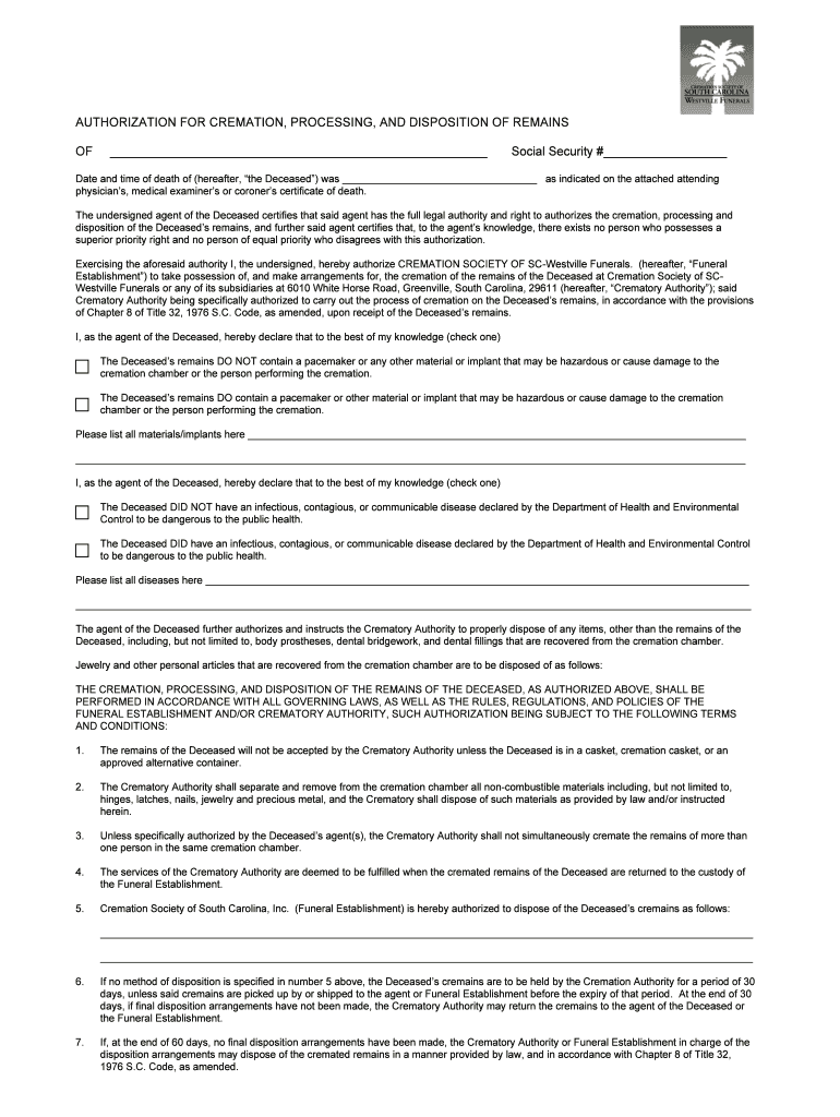 Fillable Online Immediate Authorization - Cremation Society Of South ...