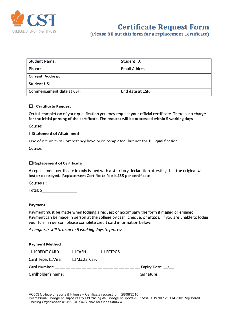 Fillable Online csf edu Certificate Request Form - csf.edu.au - csf edu ...