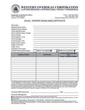 Fillable Online solas - verified gross mass certificate - Western ...