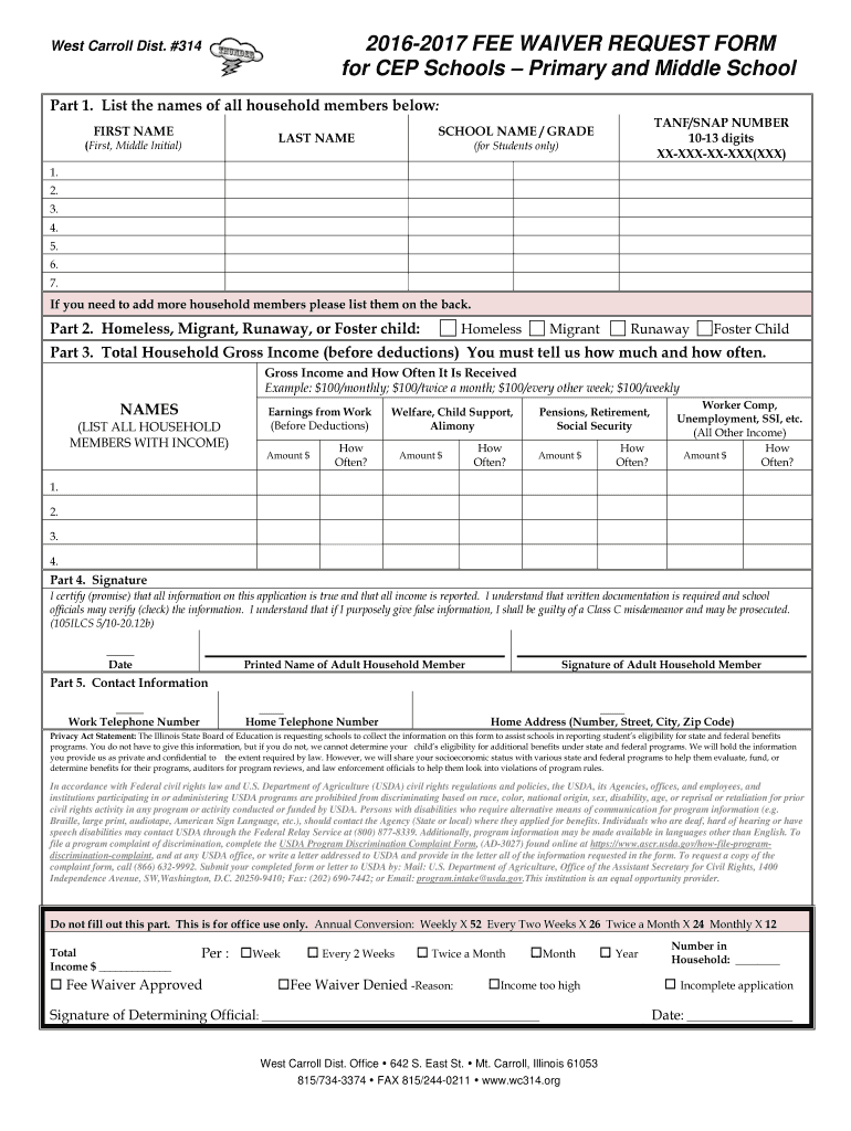 Fillable Online wc314 CEP Fee Waiver Request Form - West Carroll ...