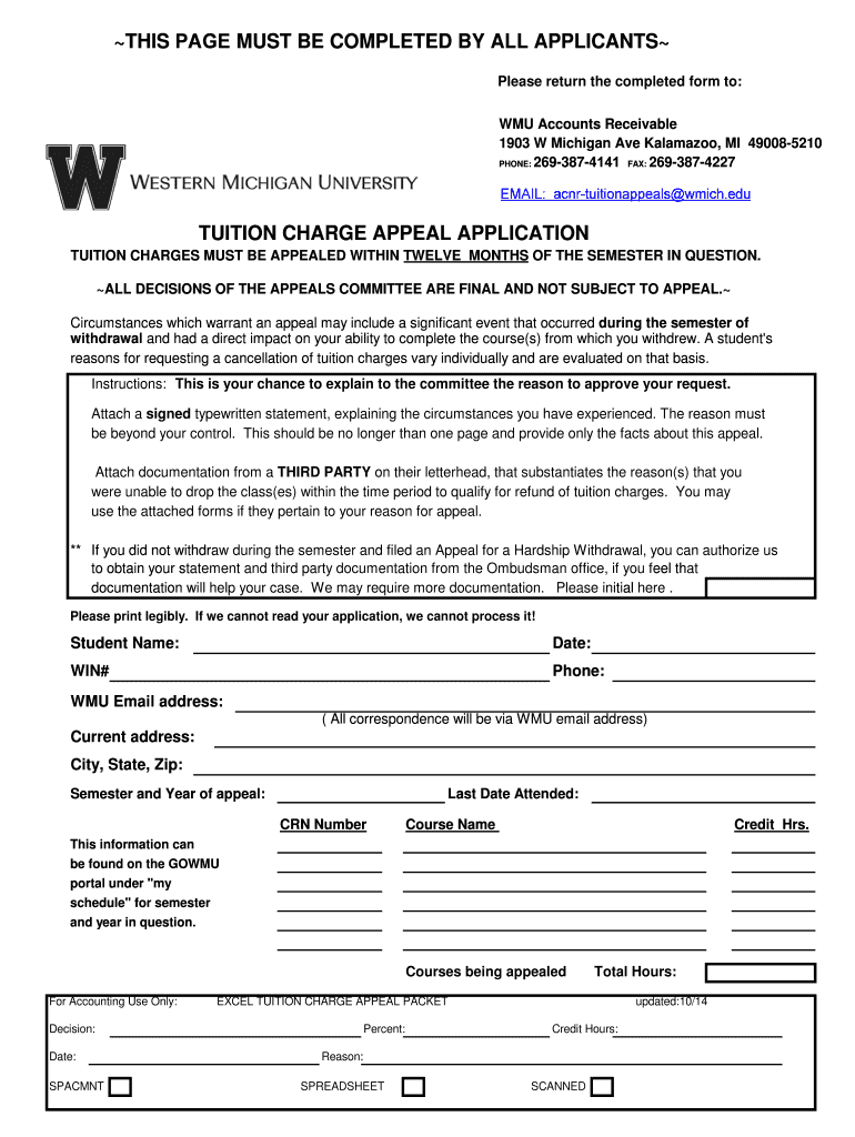 Fillable Online wmich TUITION CHARGE APPEAL PACKET - A top 100 national ...