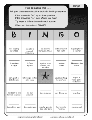 Fillable Online 'BINGO! ' B I N G O - English Teaching Material Free ...