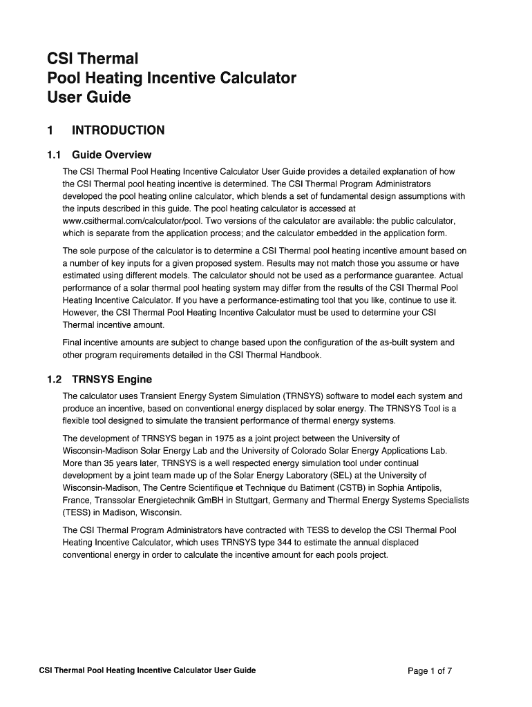 Fillable Online CSI Thermal Pool Heating Incentive Calculator User ...