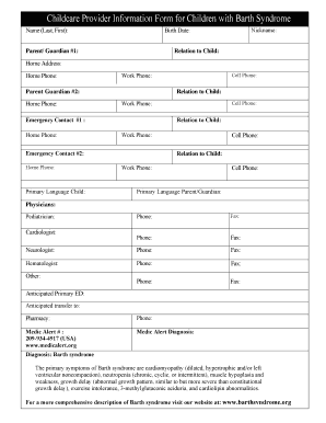 Fillable Online barthsyndrome Childcare Provider Information Form for ...