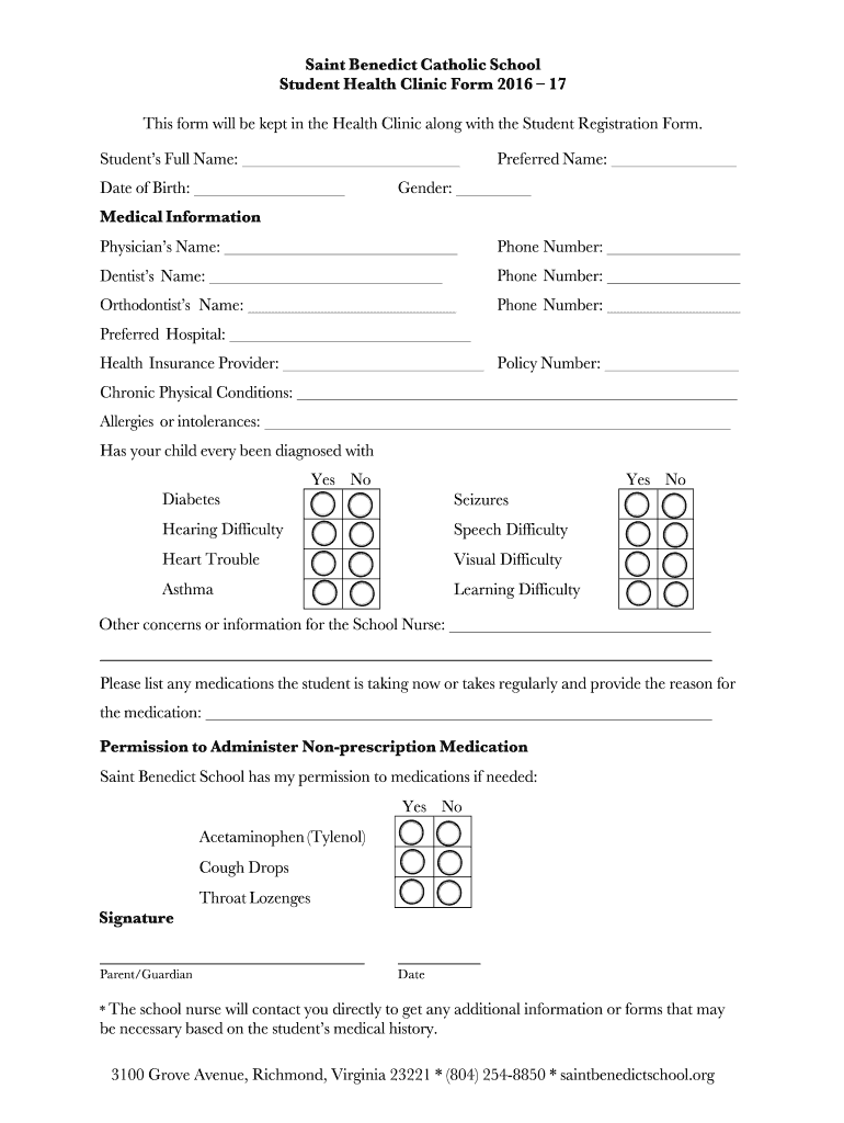 Fillable Online saintbenedictschool Saint Benedict Catholic School ...
