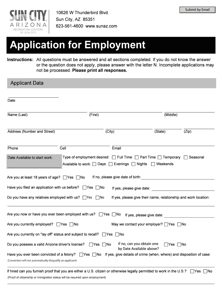 Fillable Online Application for Employment - Recreation Centers of Sun ...