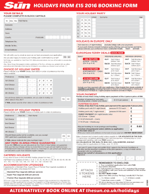 Fillable Online holidays from 9.50 2016 booking form - The Sun Holidays ...