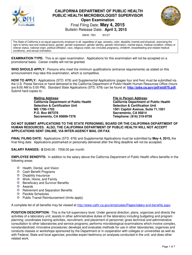 Fillable Online cdph ca CALIFORNIA DEPARTMENT OF PUBLIC HEALTH PUBLIC ...