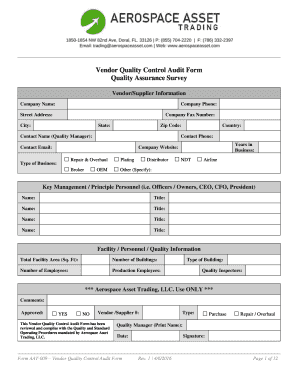 Fillable Online Vendor Quality Control Audit Form Quality Assurance ...