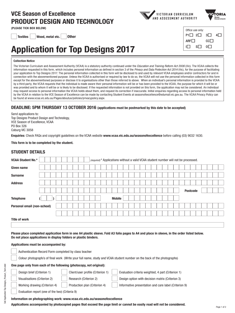 Fillable Online VCE Season of Excellence Application form for Top ...
