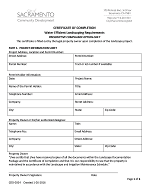 Fillable Online cityofsacramento CERTIFICATE OF COMPLETION Water ...
