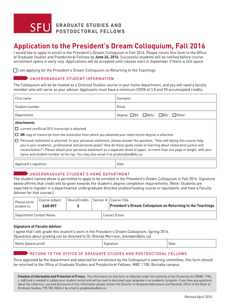 Fillable Online sfu Undergraduate Application.pdf Fax Email Print - pdfFiller