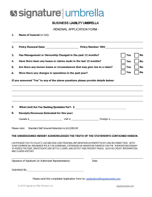 Fillable Online Signature Umbrella Renewal Application Form June 2016 ...