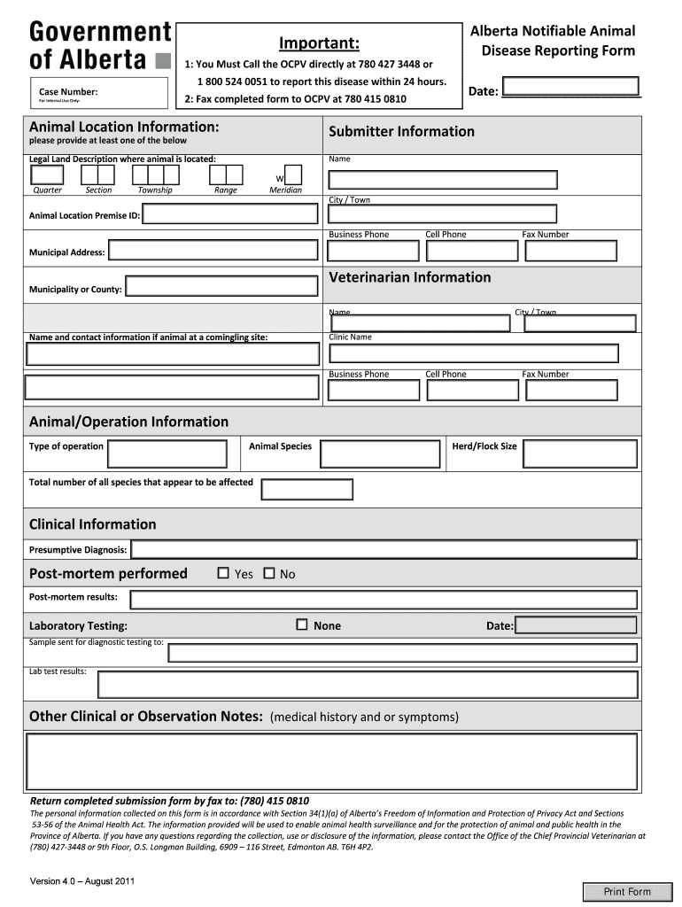 Fillable Online www1 agric gov ab Alberta Notifiable Animal Important ...