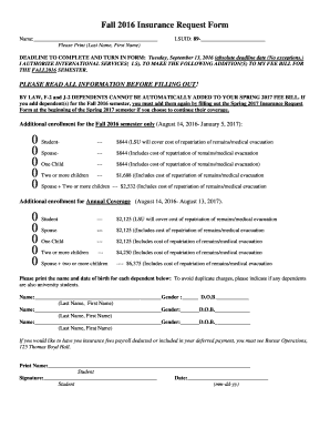 Fillable Online lsu Fall 2016 Insurance Request Form - lsu Fax Email ...