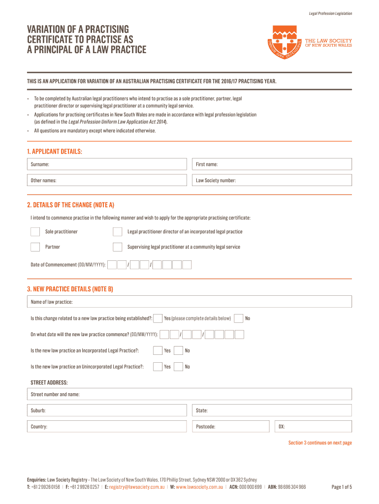 Fillable Online lawsociety com Variation of a Practising Certificate to ...