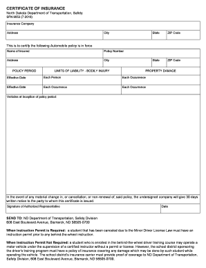 Fillable Online dot nd CERTIFICATE OF INSURANCE - dot.nd.gov Fax Email ...